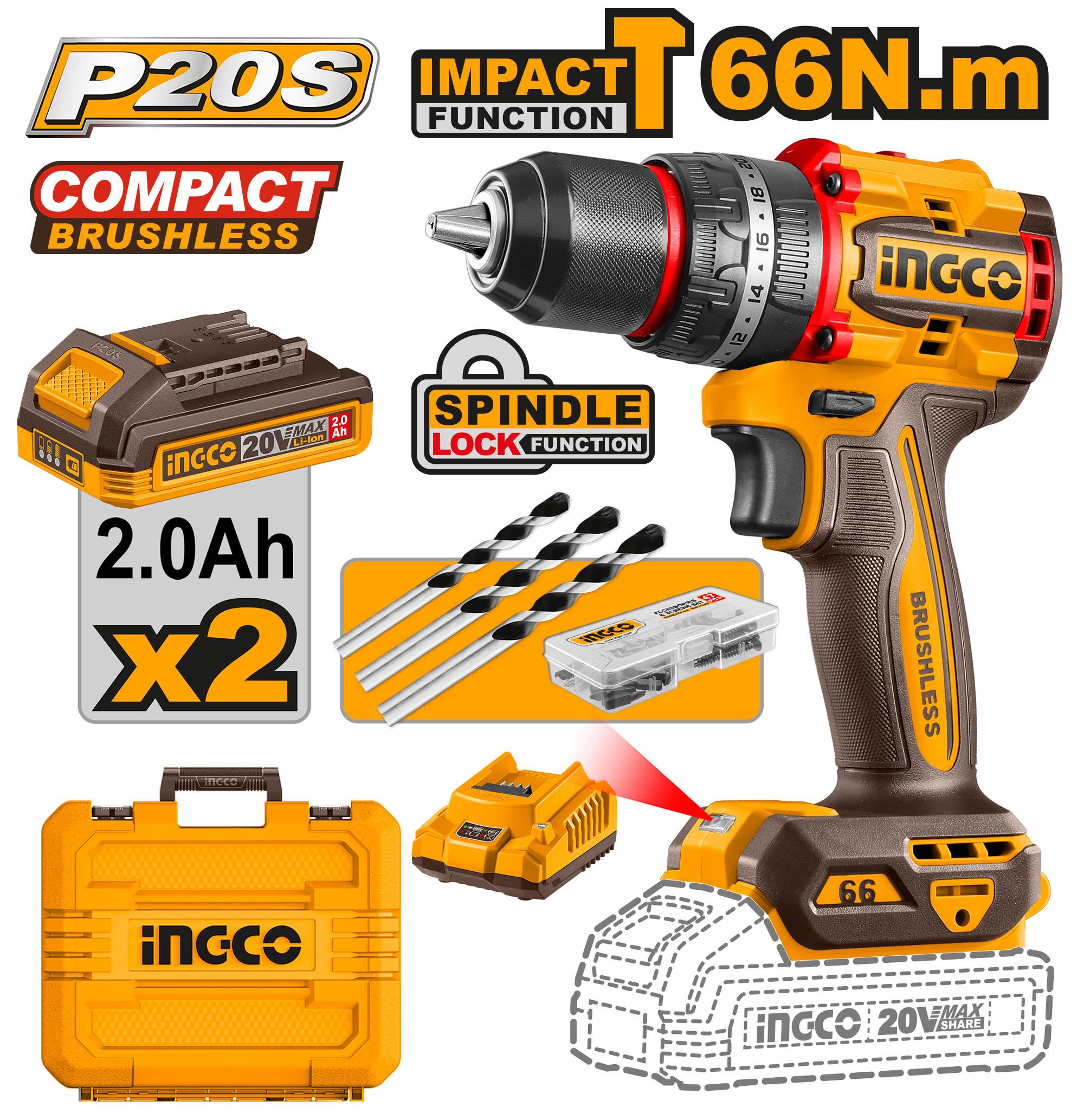 Ingco Compact Brushless Cordless Impact Drill 20V (CIDLI20668)